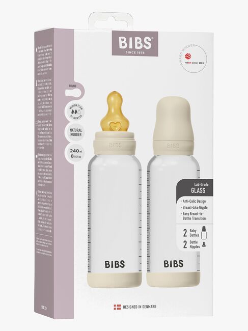 Köp BIBS Medium Flow Glas Nappflaska Latex 2-Pack 240 ml, Ivory